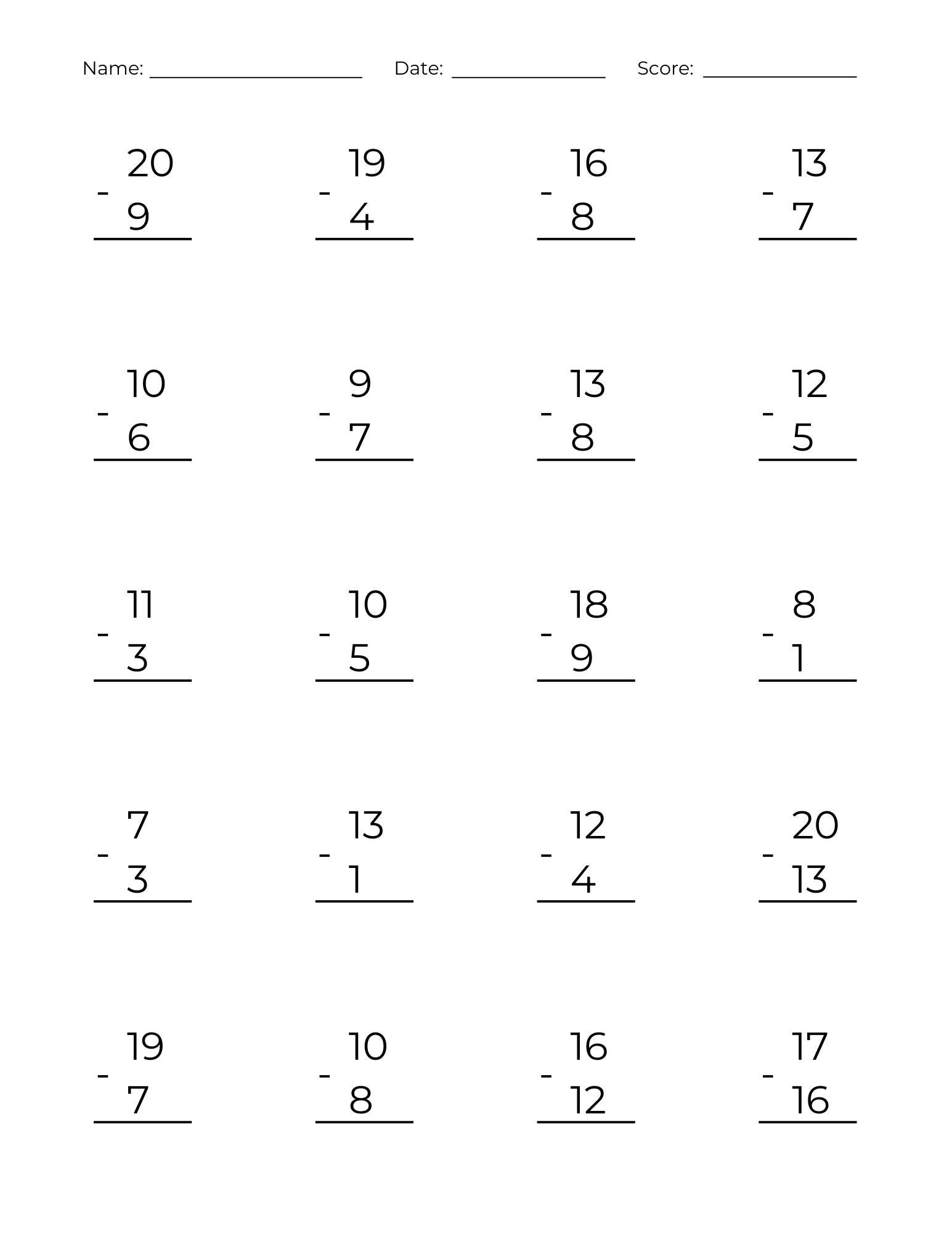 10 Printable Subtraction to 20 Worksheets: Column Drills, 1st Grade ...
