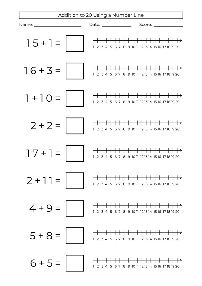 10 Printable Number Line Addition to 20 Worksheets: Beginning Math (PDF ...