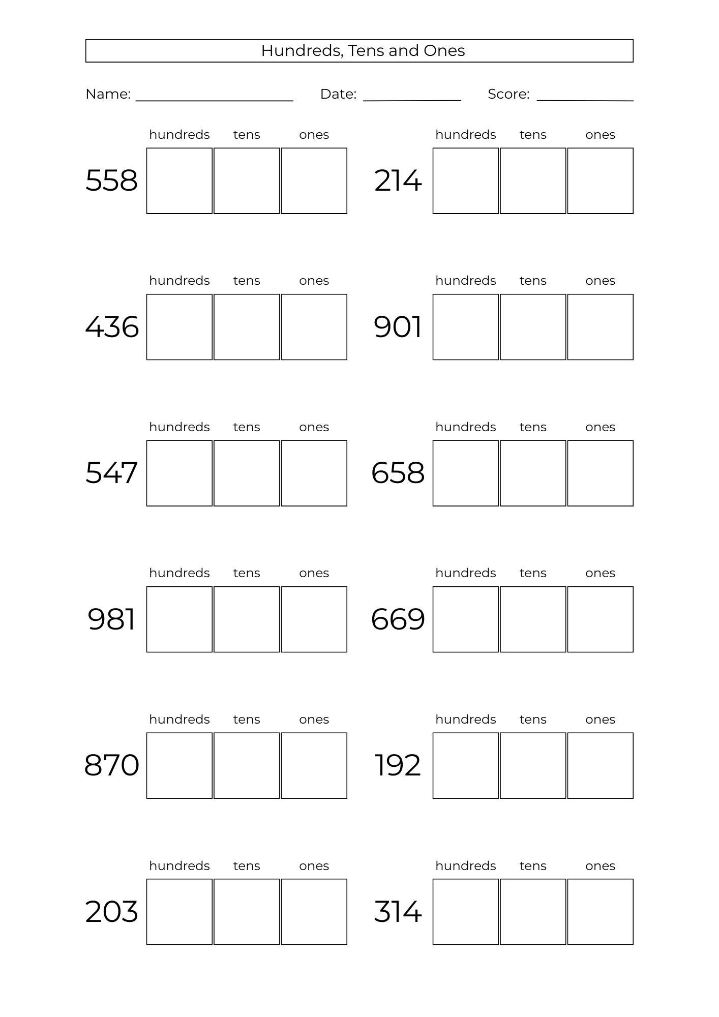 10 Printable Place Value Worksheets: Hundreds, Tens, Ones - 1st & 2nd ...