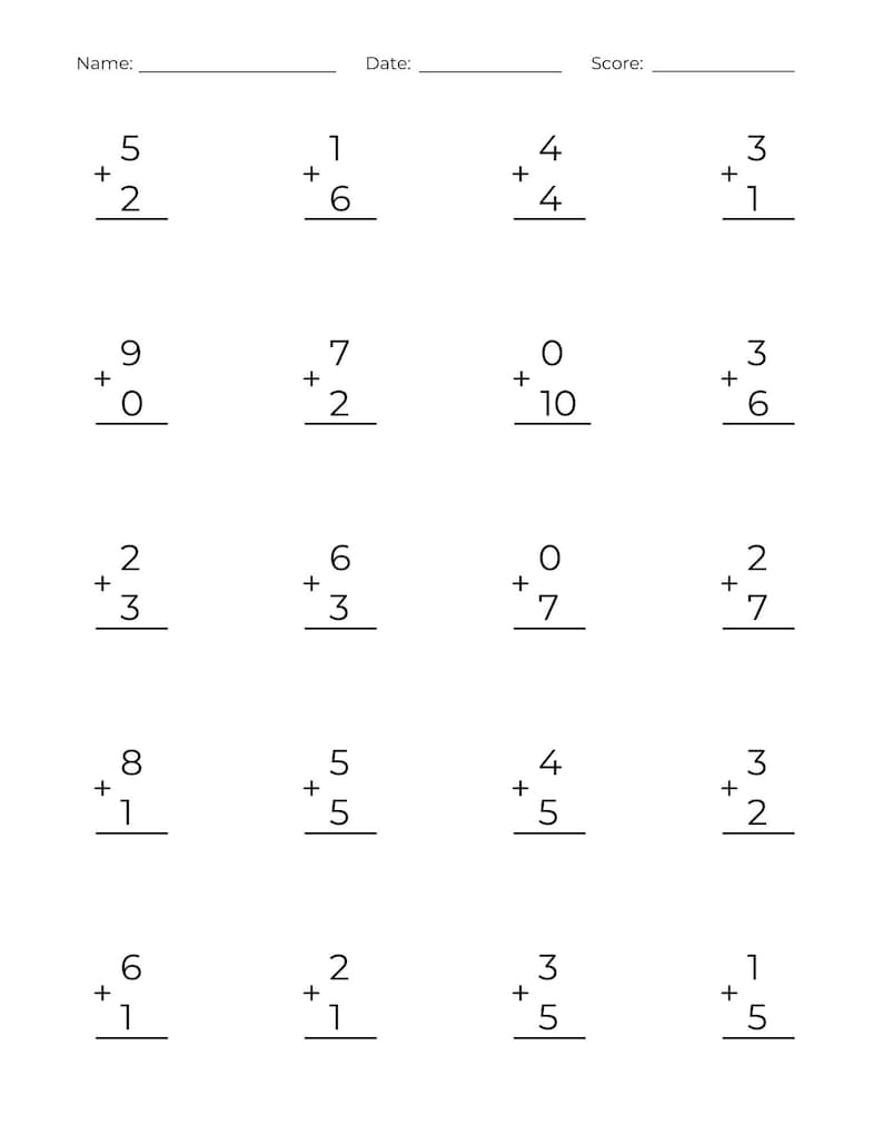 10 Printable Addition Worksheets: Single Digit Math Drills (PDF) - Etsy