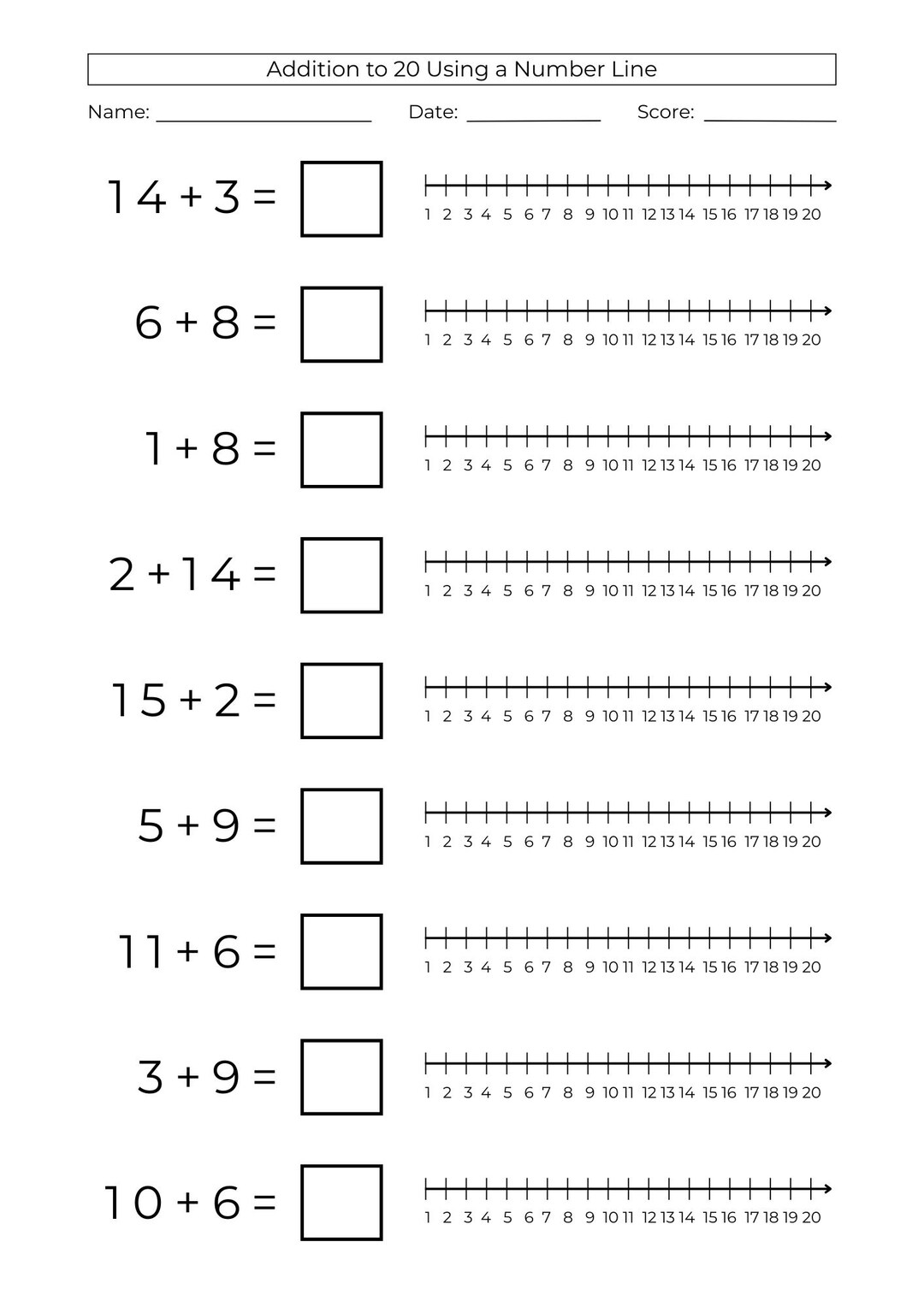 10 Printable Number Line Addition to 20 Worksheets: Beginning Math (PDF ...