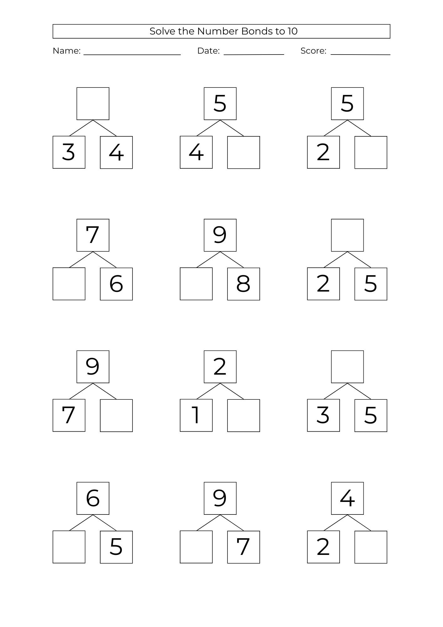10 Printable Number Bond Worksheets: Fill in the Blanks, Homeschool ...