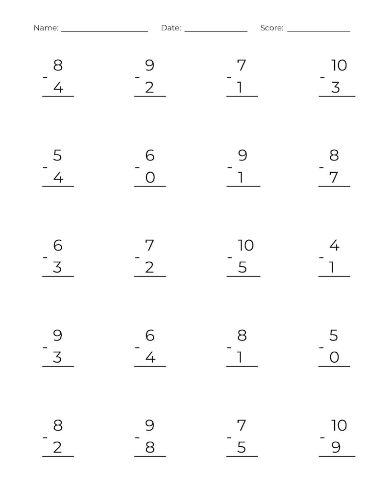 10 Printable Single Digit Subtraction Worksheets: Math Drills to 10 ...