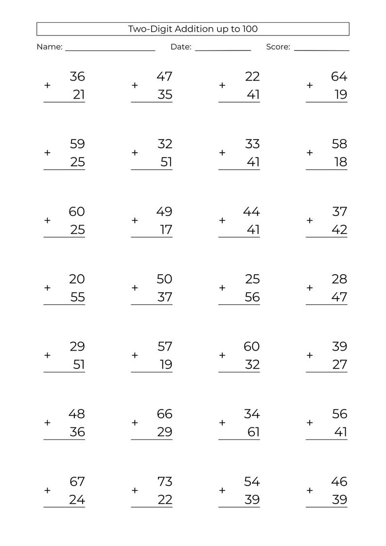 10 Printable Double Digit Addition Worksheets to 100 (PDF) - Etsy