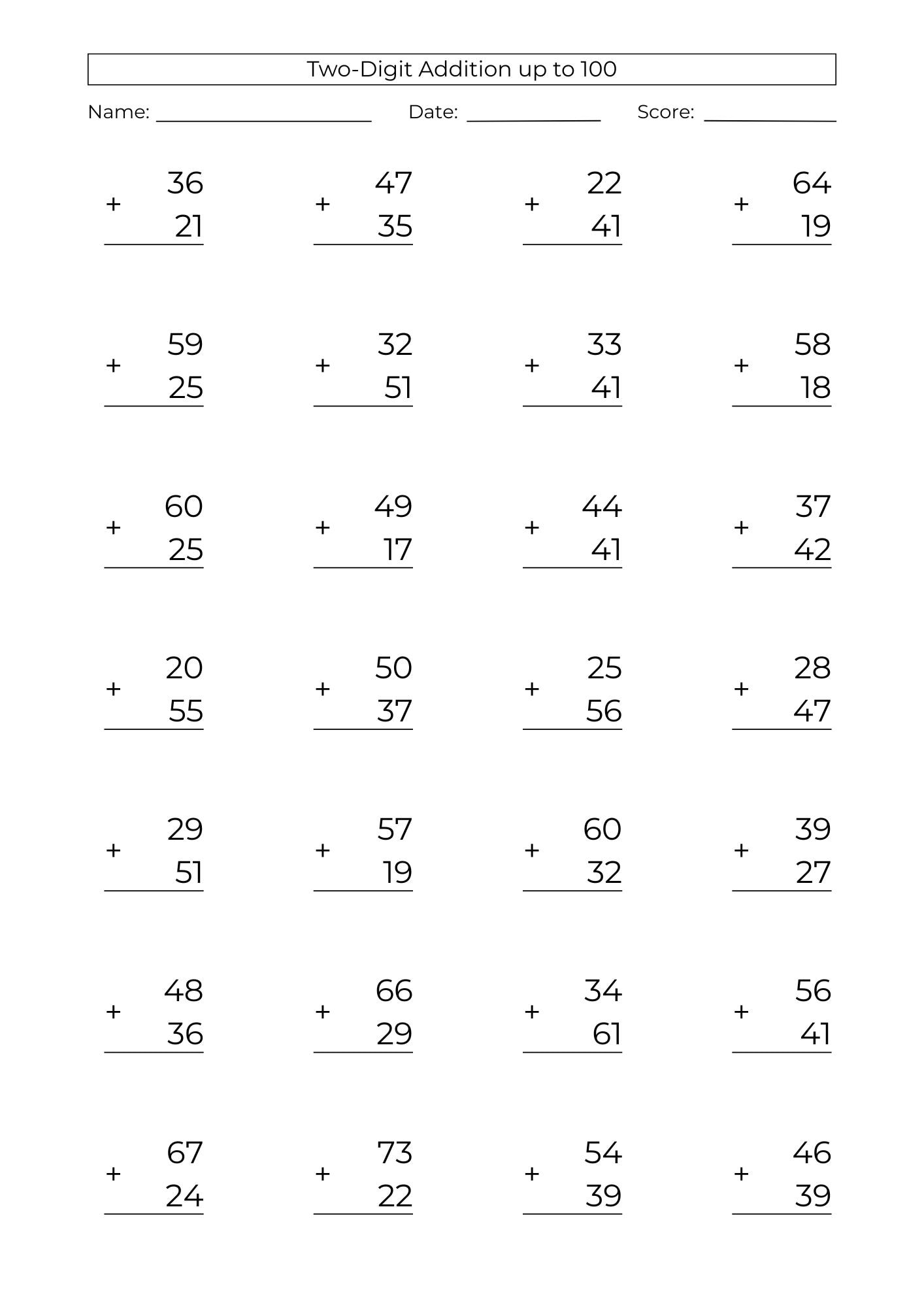 10 Printable Double Digit Addition Worksheets to 100 (PDF) - Etsy