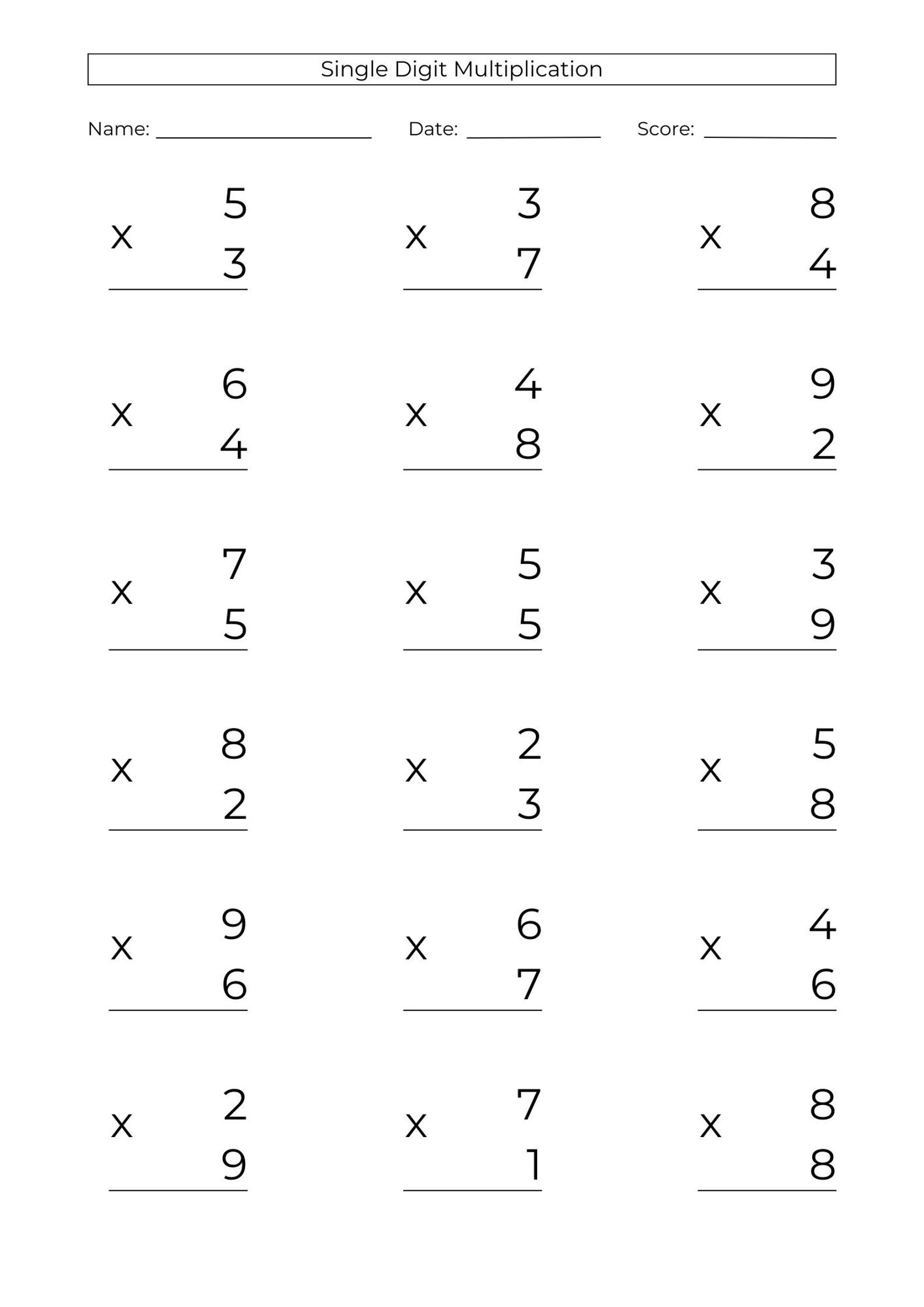 10 Printable Single Digit Multiplication: Multiply in Columns, Column ...