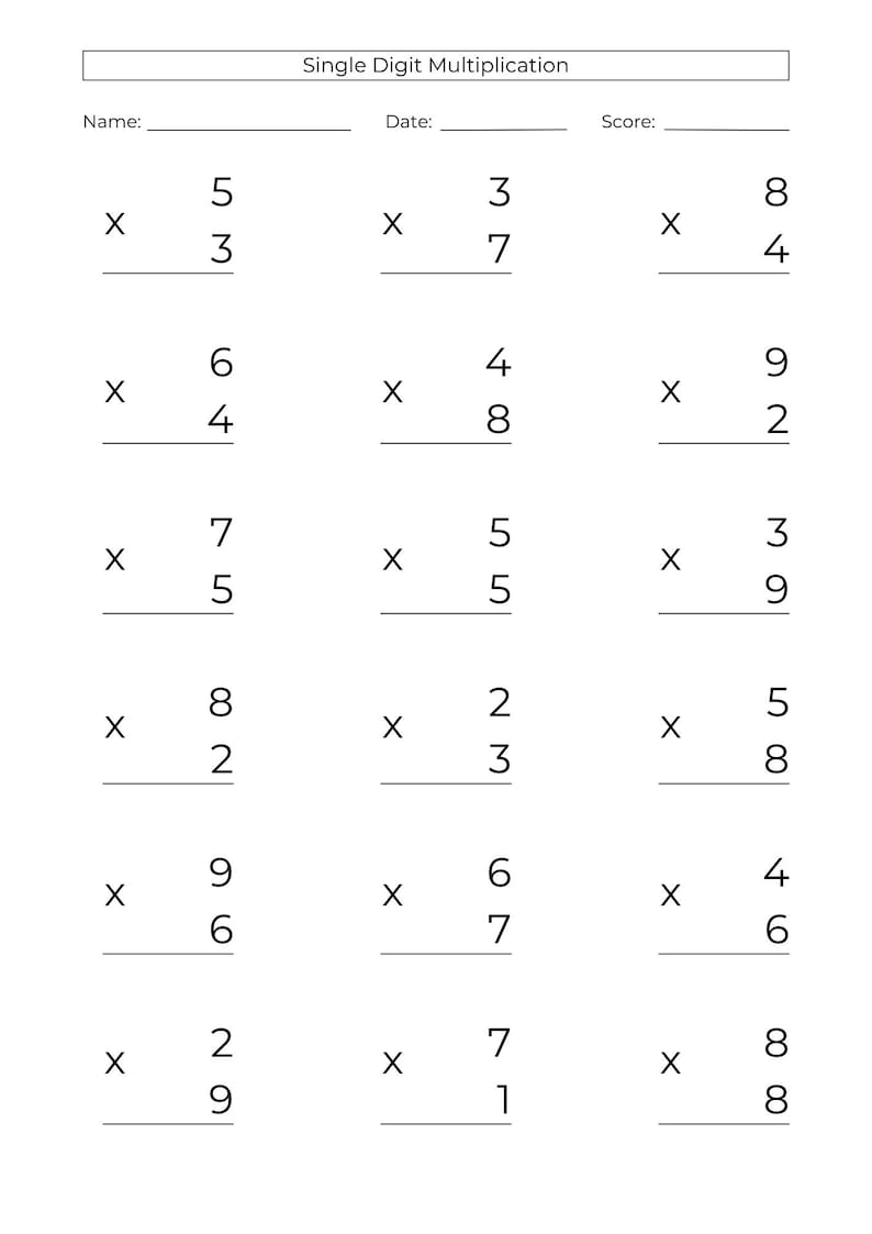 10 Printable Single Digit Multiplication: Multiply in Columns, Column ...