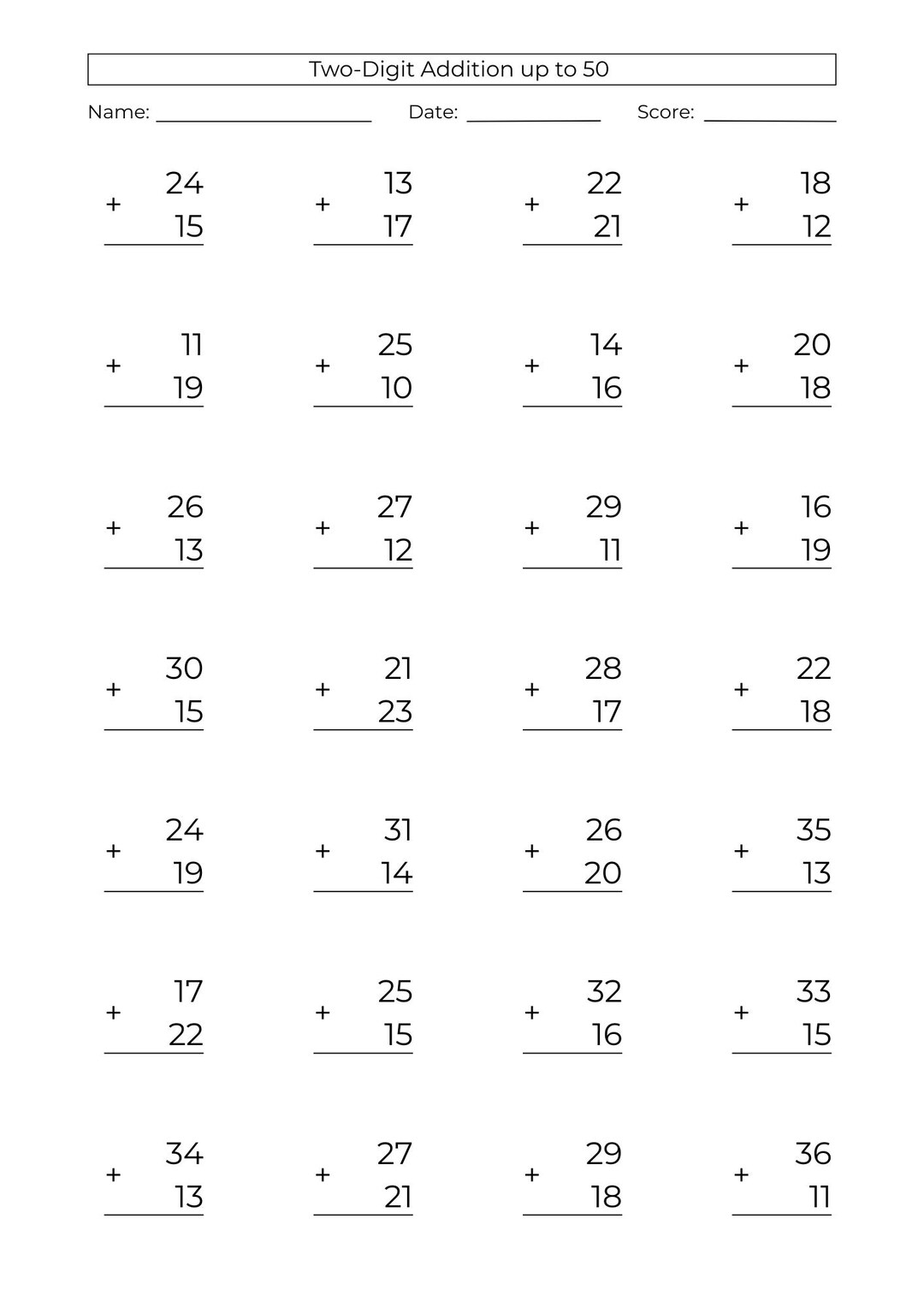 10 Printable Addition to 50 Worksheets – 2 Digit Addition Double Digit ...