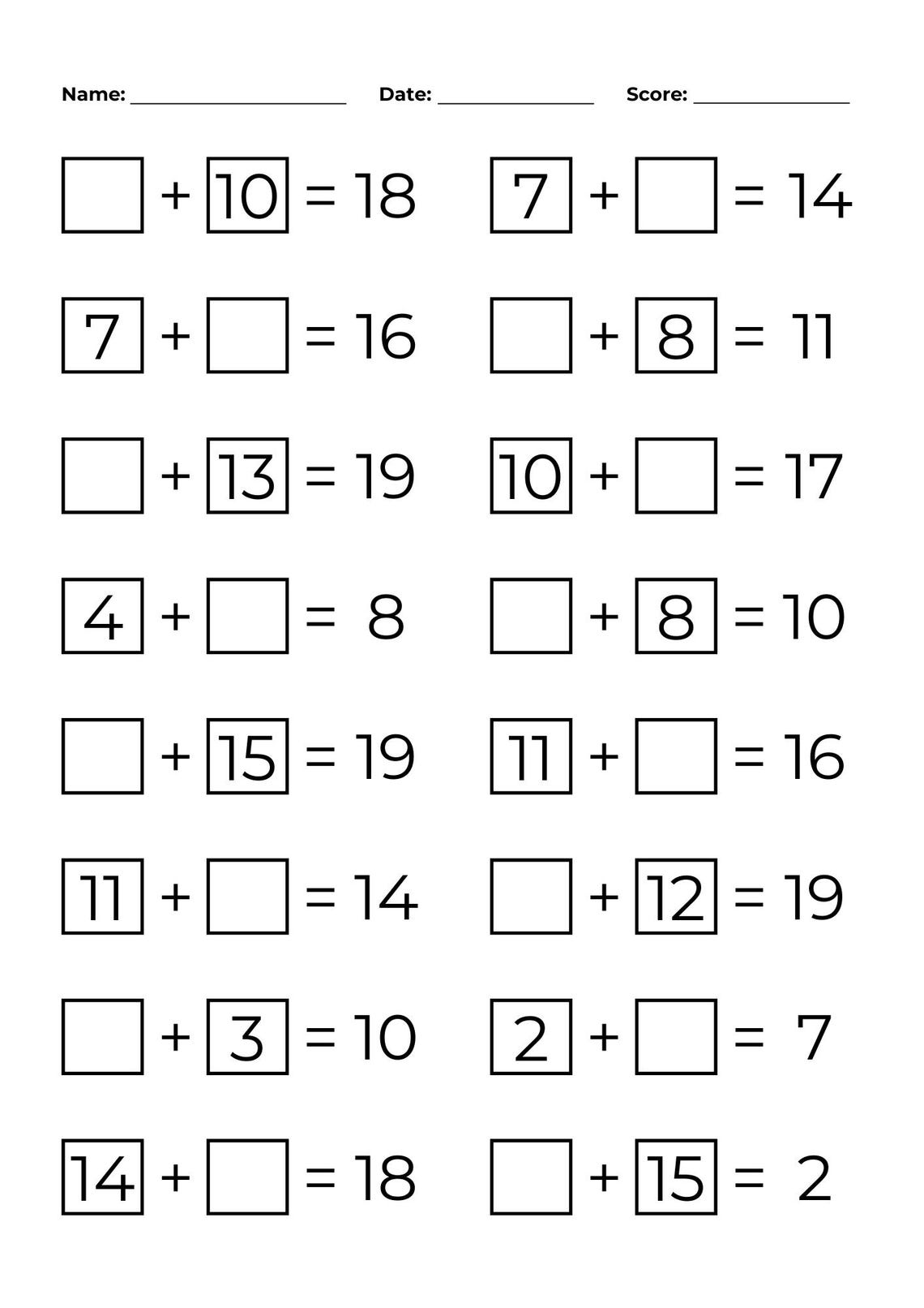 10 Printable Missing Addends Worksheets: Addition to 20 (PDF Printable ...