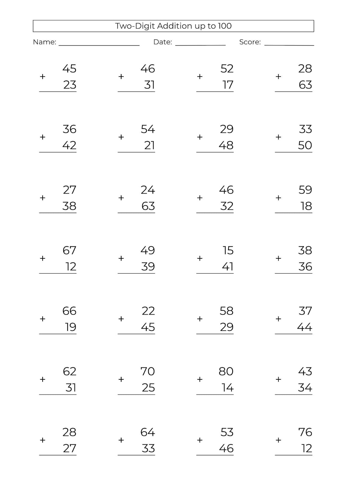 10 Printable Double Digit Addition Worksheets to 100 (PDF) - Etsy