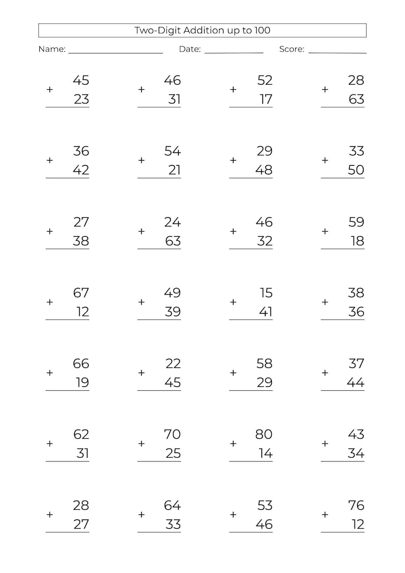 10 Printable Double Digit Addition Worksheets to 100 (PDF) - Etsy