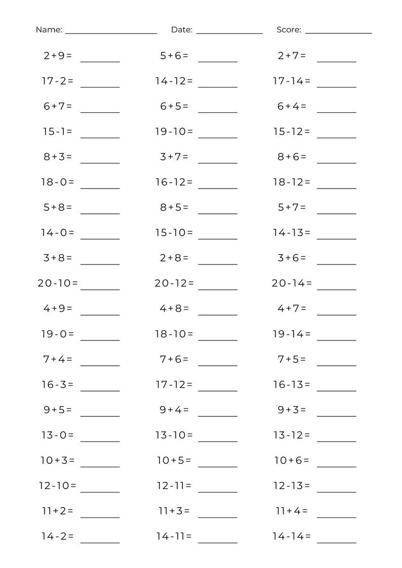 20 Printable Addition & Subtraction Worksheets to 20: Math Practice ...