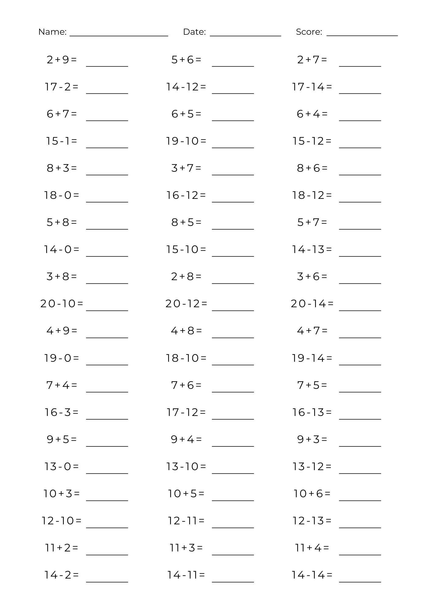 20 Printable Addition & Subtraction Worksheets to 20: Math Practice ...