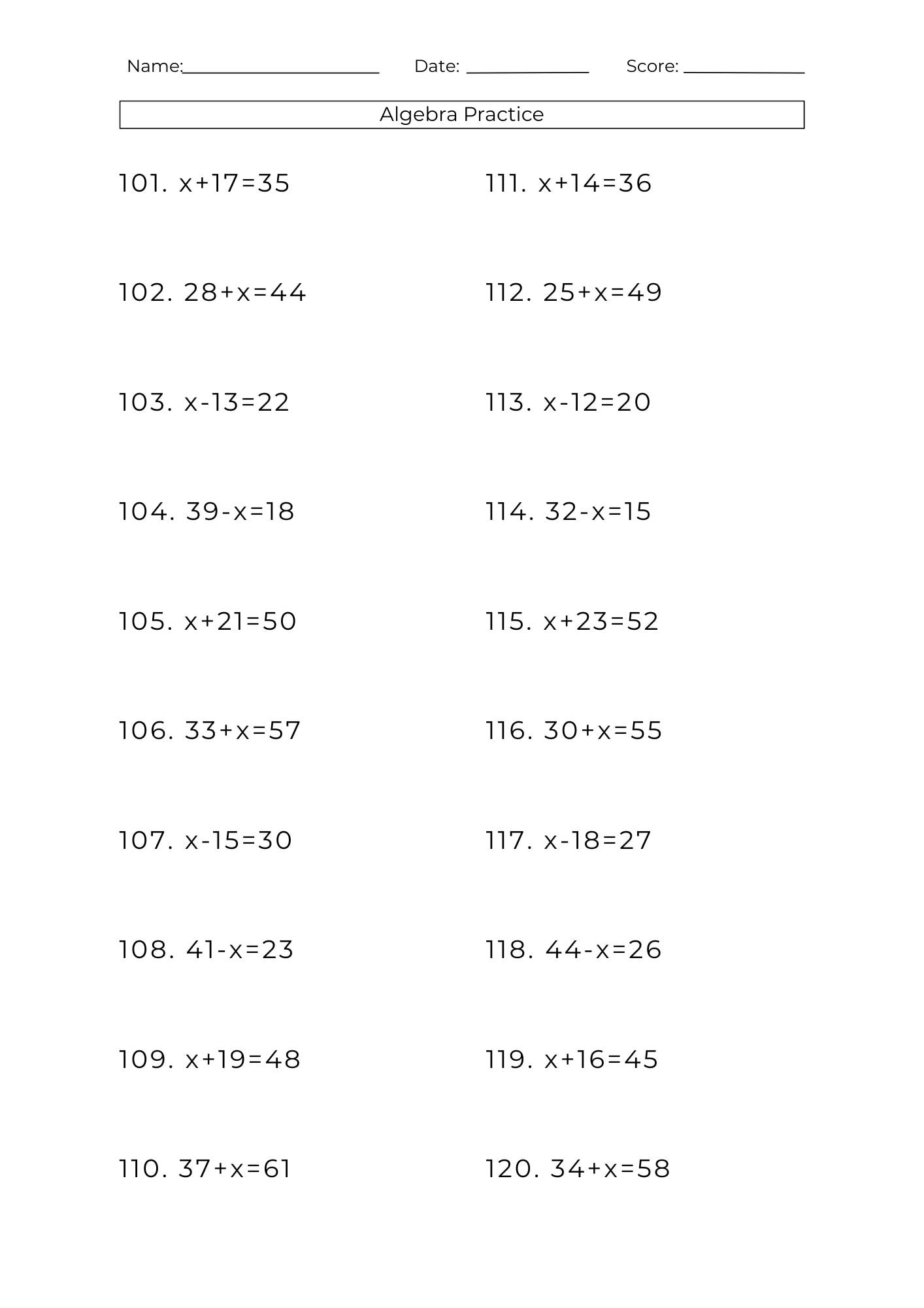 10 Printable Basic Algebra Worksheets: Solving Algebraic Equations ...