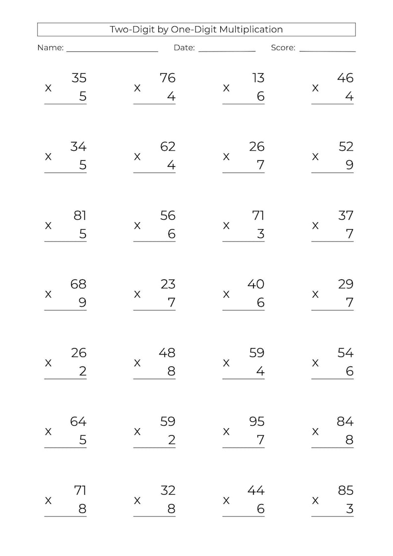 10 Printable 2 Digit by 1 Digit Multiplication Worksheets: Mental Math ...