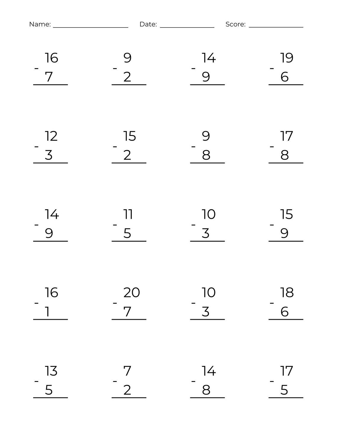 10 Printable Subtraction to 20 Worksheets: Column Drills, 1st Grade ...