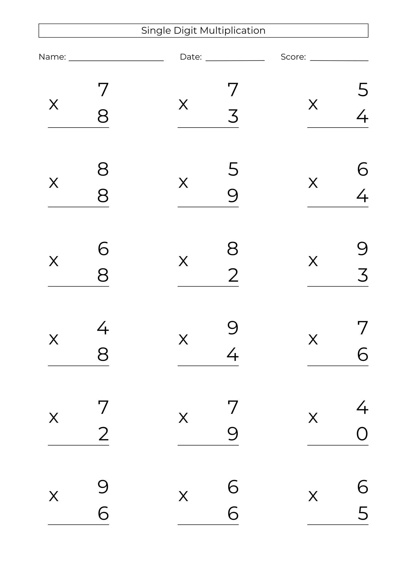 10 Printable Single Digit Multiplication: Multiply in Columns, Column ...