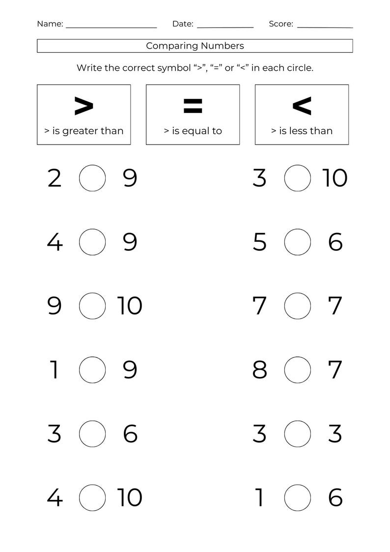 10 Printable Greater Than Less Than Equal Worksheets – Compare the ...