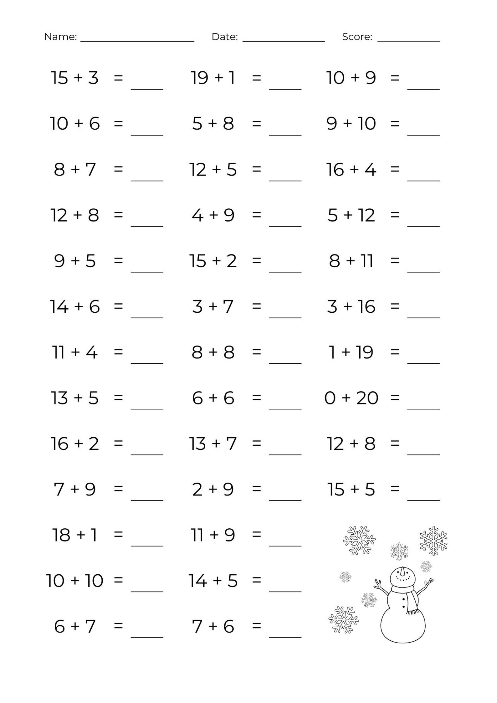 10 Printable Addition and Subtraction to 20 Worksheets Winter Edition ...