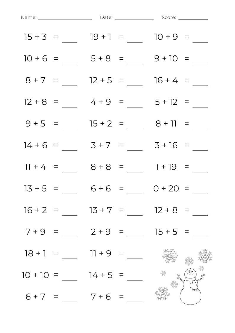 10 Printable Addition and Subtraction to 20 Worksheets Winter Edition ...