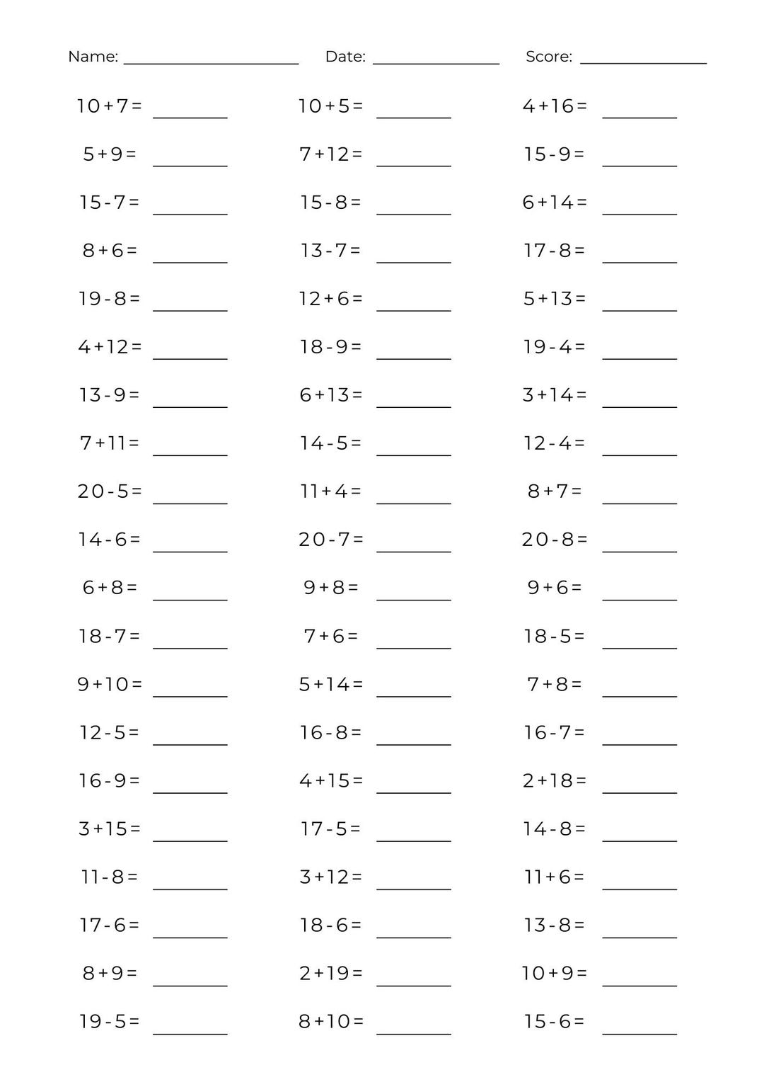 20 Printable Addition & Subtraction Worksheets to 20: Math Practice ...