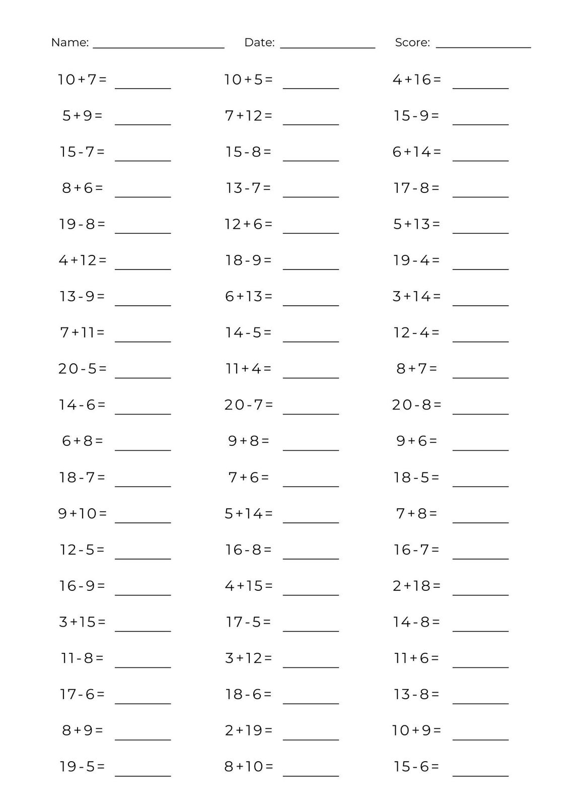 20 Printable Addition & Subtraction Worksheets to 20: Math Practice ...