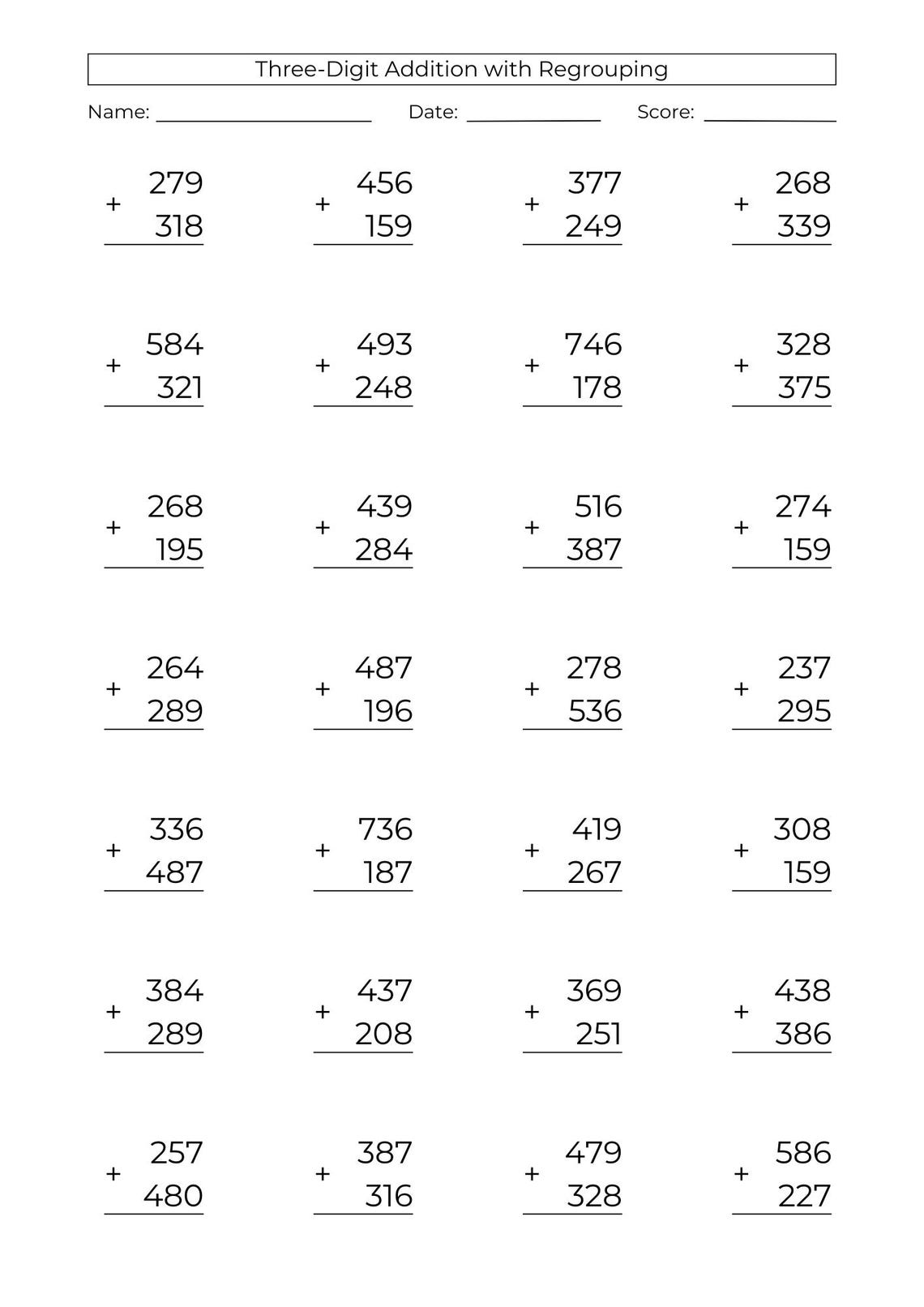 10 Printable 3 Digit Addition With Regrouping Worksheets 3 Digit ...