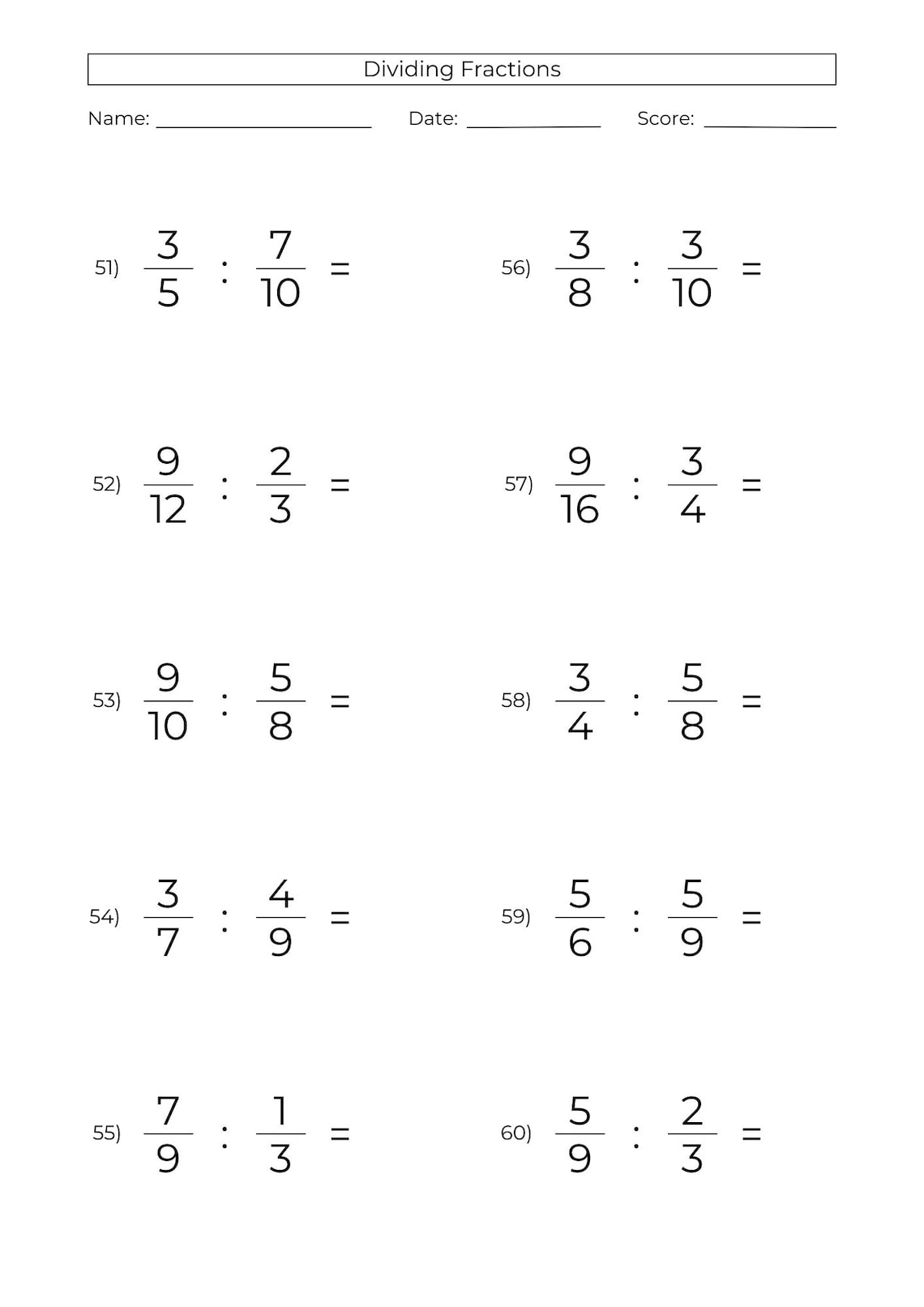 10 Printable Multiplying & Dividing Fractions Worksheets – 5th Grade ...
