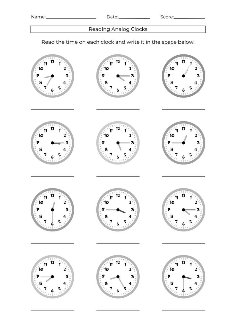 10 Printable Analog Clock Practice Worksheets: Time Telling Learning ...