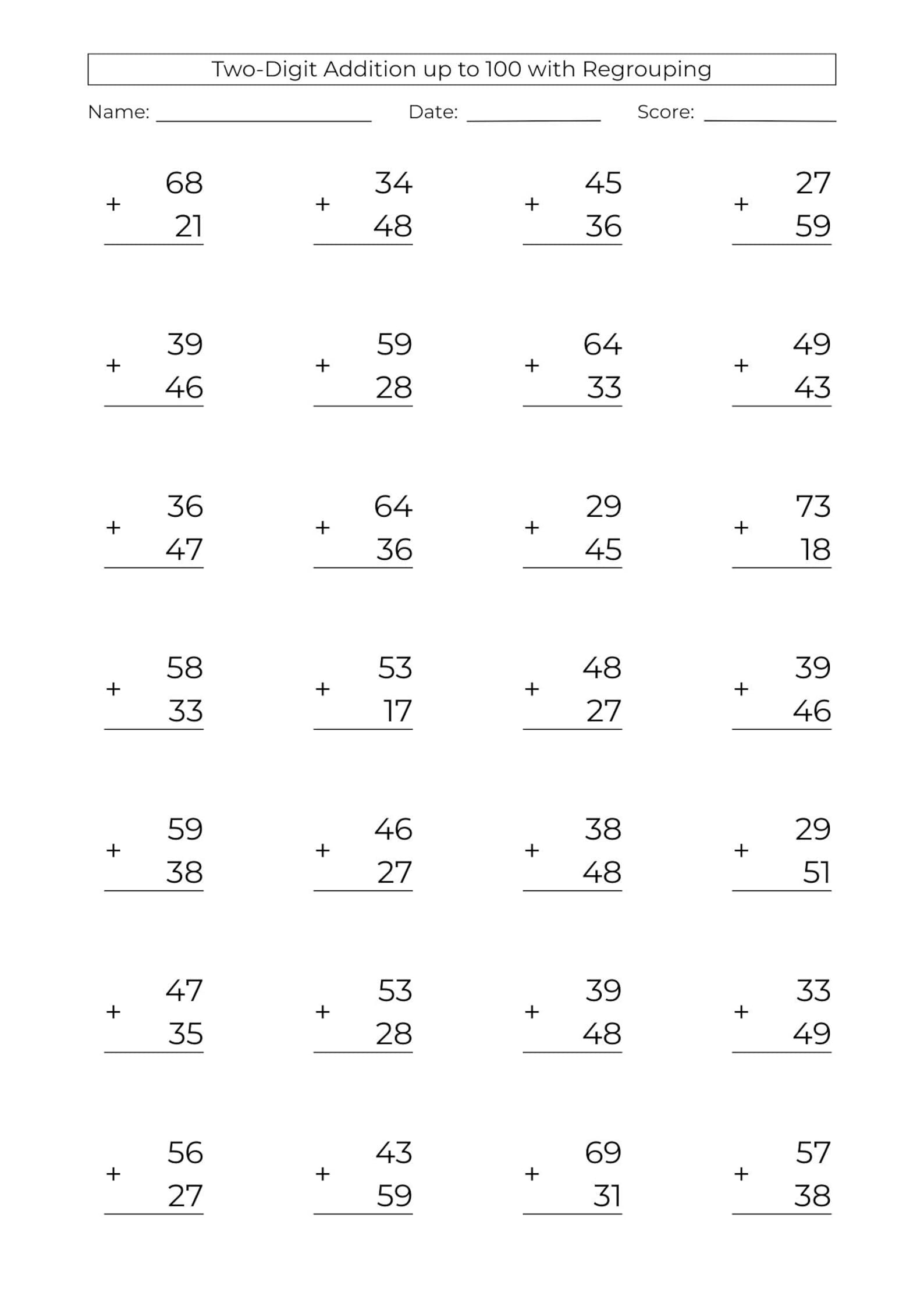 10 Printable Double Digit Addition Worksheets: Regrouping to 100 (PDF ...