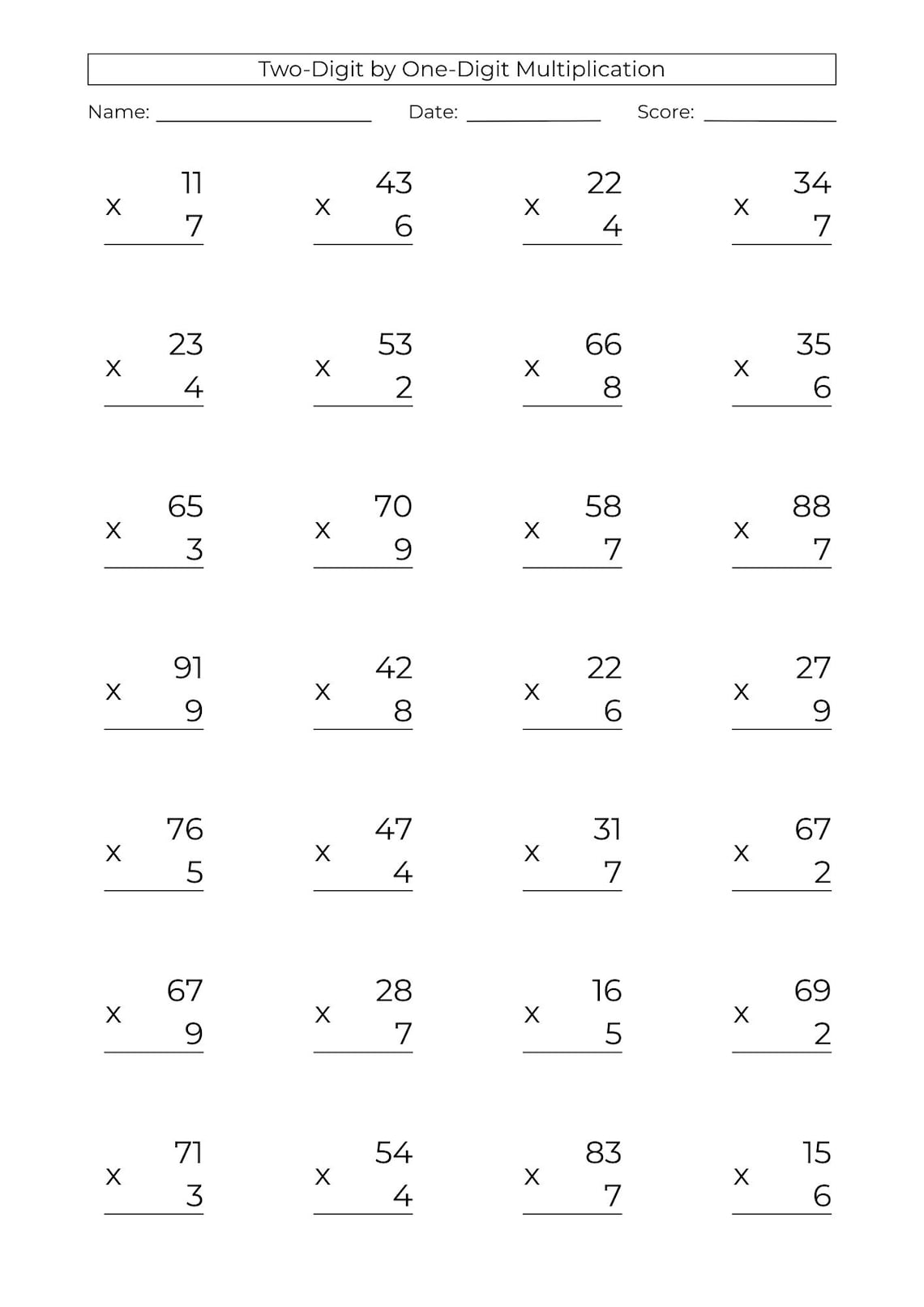 10 Printable 2 Digit by 1 Digit Multiplication Worksheets: Mental Math ...
