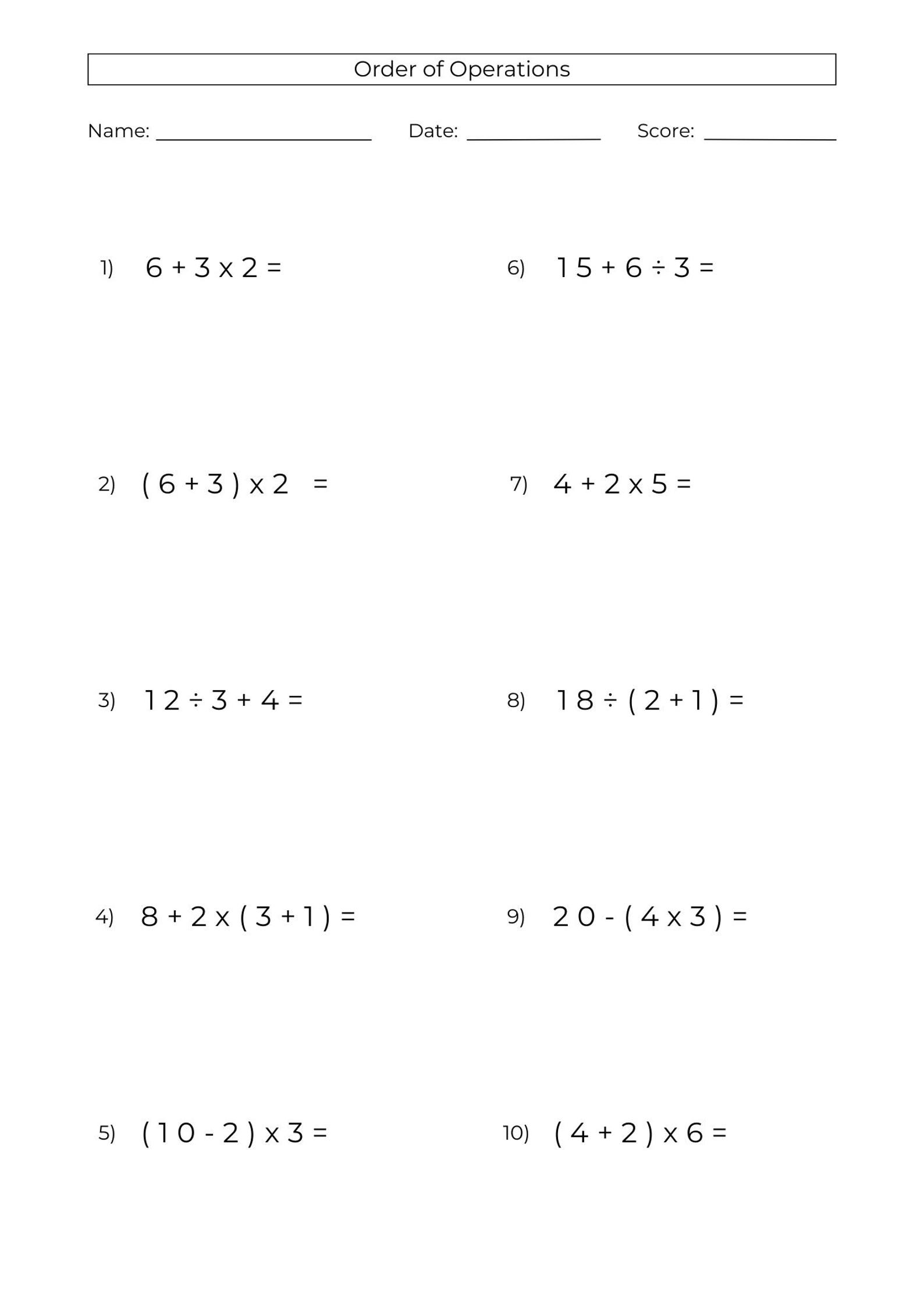 10 Printable Order of Operations Worksheets: Math Practice, Grades 4-5 ...