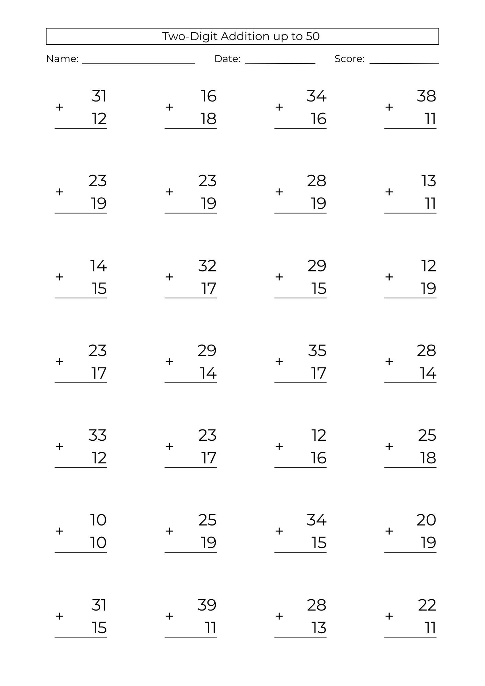 10 Printable Addition to 50 Worksheets – 2 Digit Addition Double Digit ...