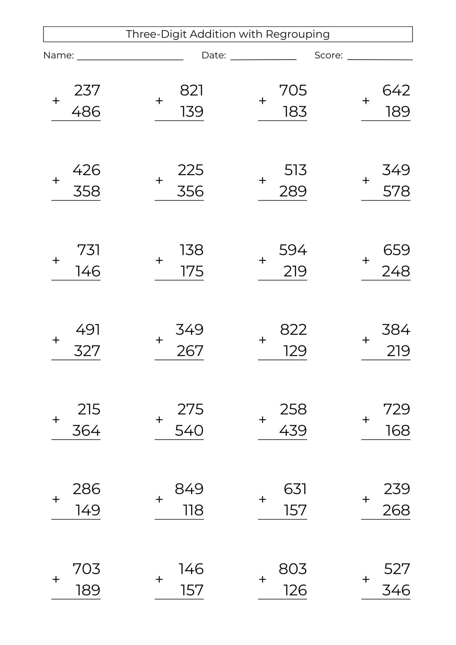 10 Printable 3-digit Addition Worksheets: 3rd Grade Math Drills (PDF ...