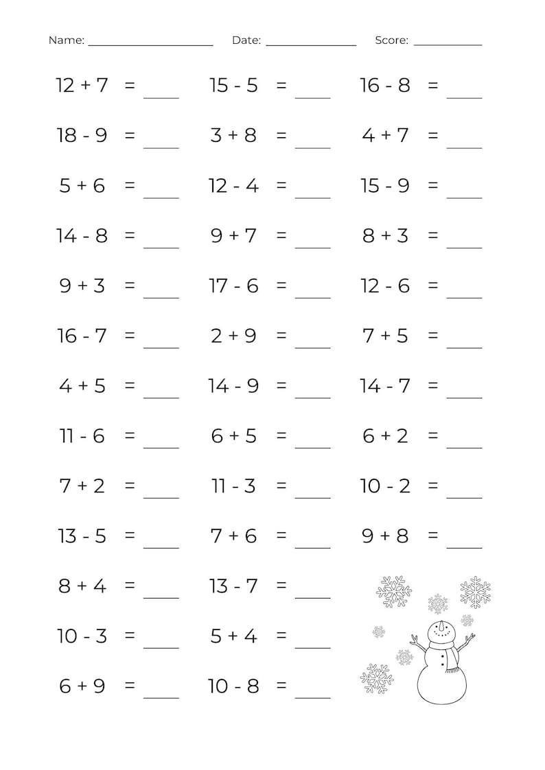 10 Printable Addition and Subtraction to 20 Worksheets Winter Edition ...