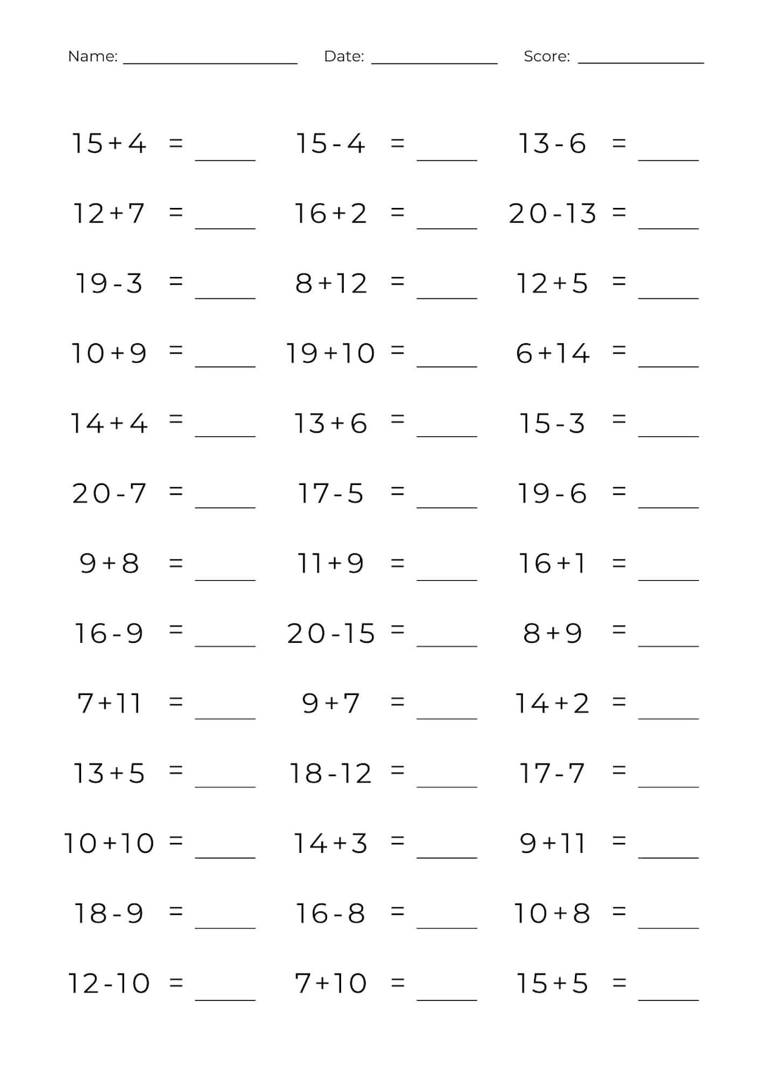 10 Printable Addition Within 20 and Subtraction Within 20 Worksheets ...