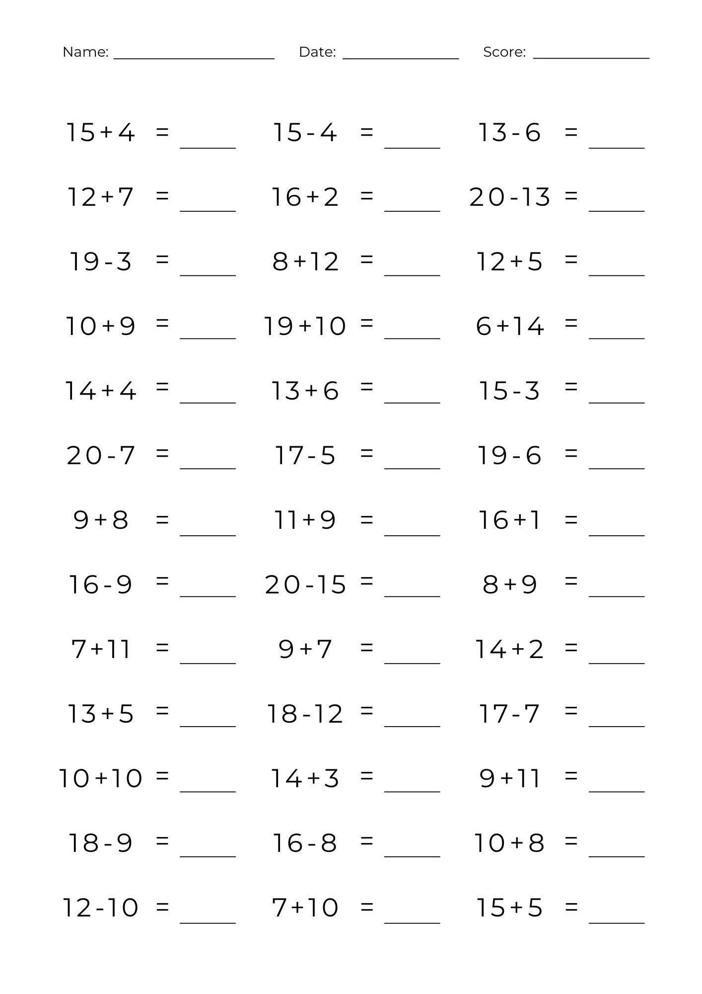 10 Printable Addition Within 20 and Subtraction Within 20 Worksheets ...