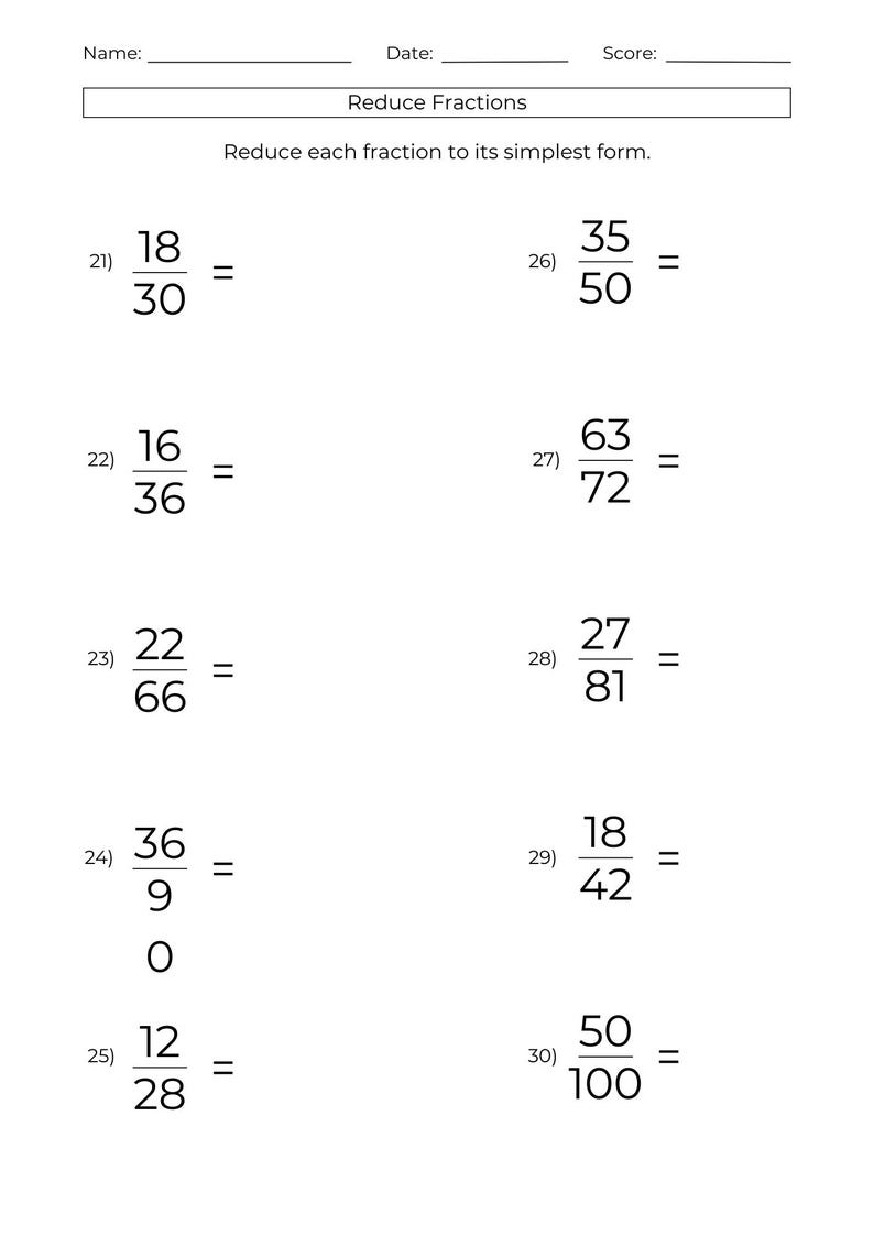 10 Printable Reduce Fractions Worksheets: Math Test Prep for 5th Grade ...