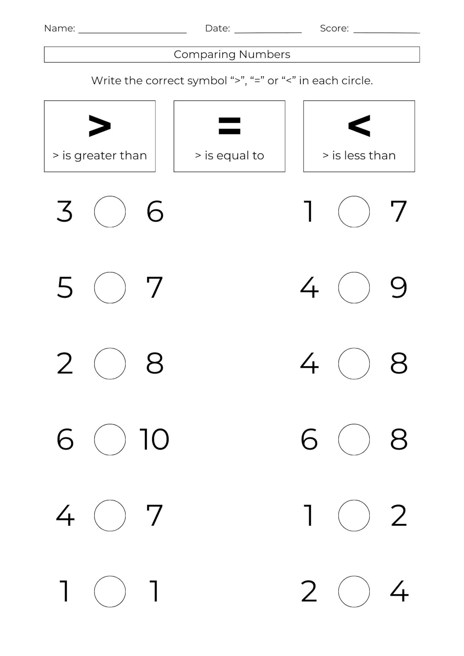 10 Printable Greater Than Less Than Equal Worksheets – Compare the ...