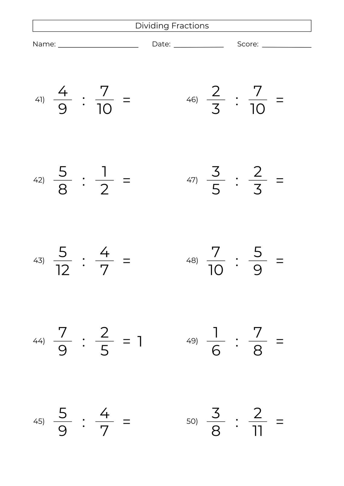 10 Printable Multiplying & Dividing Fractions Worksheets – 5th Grade ...