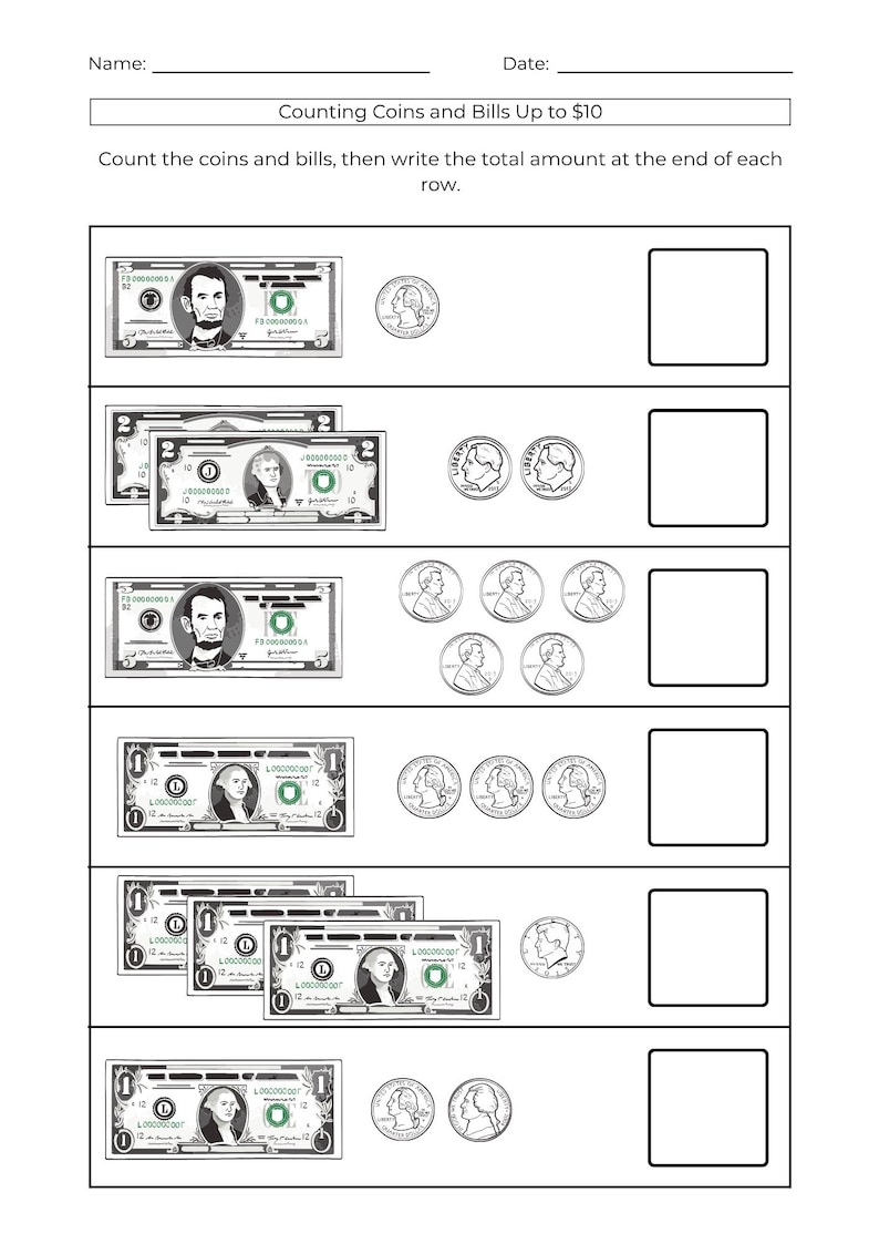 10 Printable Money Counting Worksheets: Coin & Cash Math Activity (PDF ...