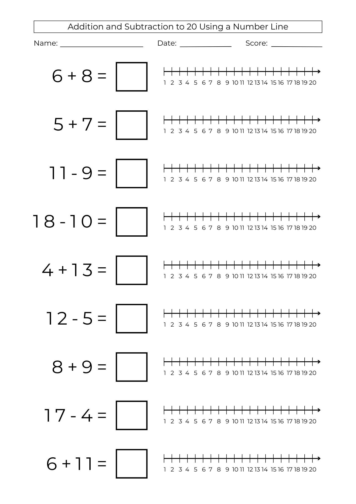 10 Printable Number Line Addition & Subtraction Worksheets: Math to 20 ...
