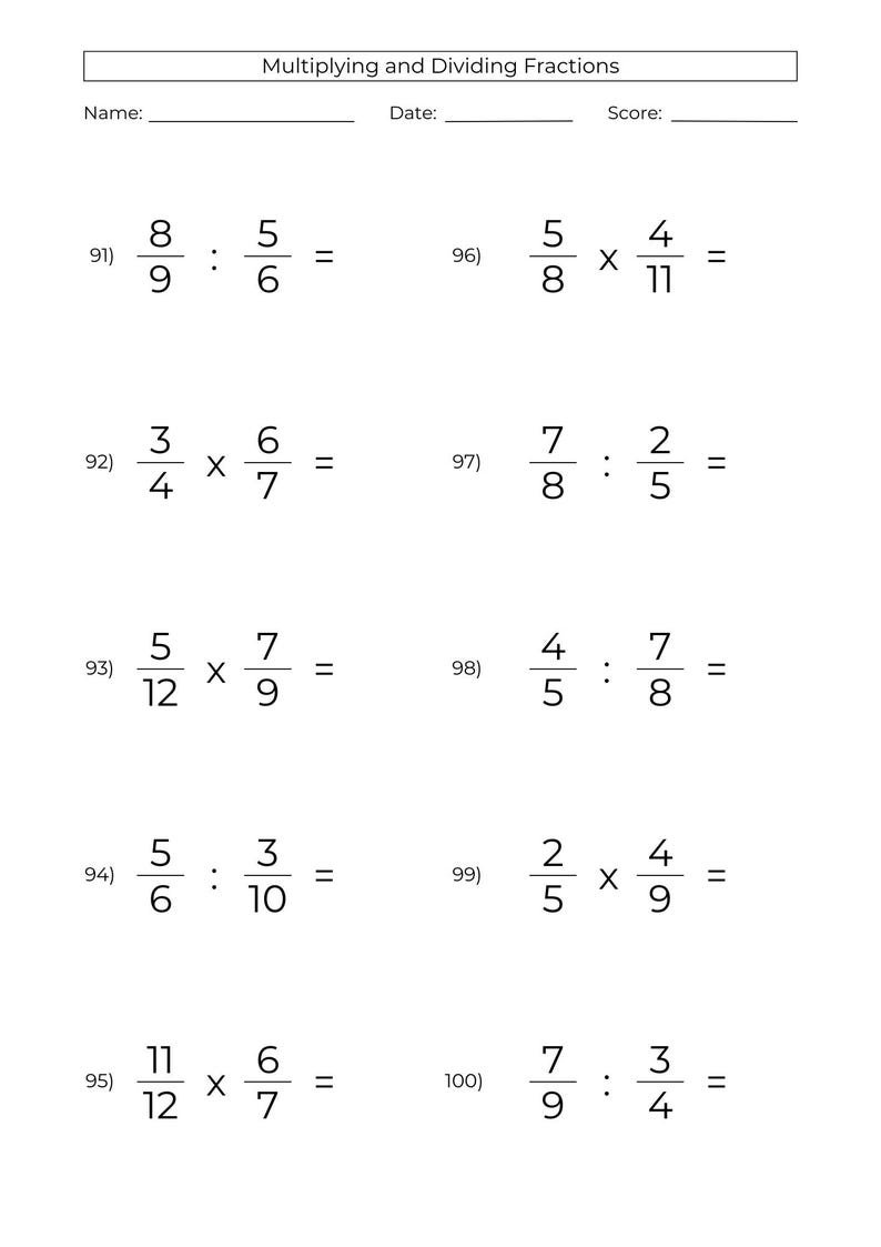 10 Printable Multiplying Fractions and Dividing Fractions Worksheets ...