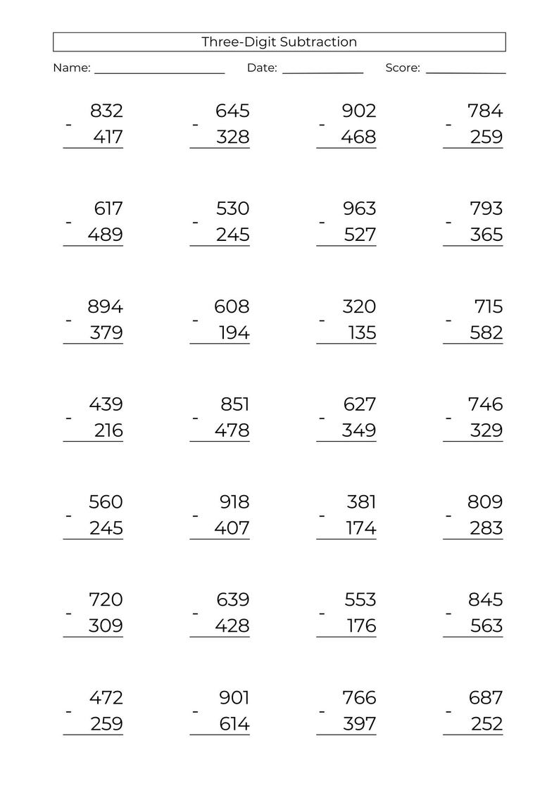10 Printable 3-digit Subtraction Worksheets: up to 1000, With & Without ...