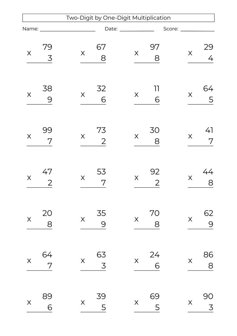 10 Printable 2 Digit by 1 Digit Multiplication Worksheets – Multiply 2 ...