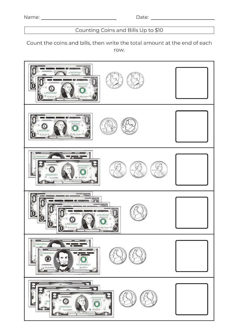10 Printable Money Counting Worksheets: Coin & Cash Math Activity (PDF ...