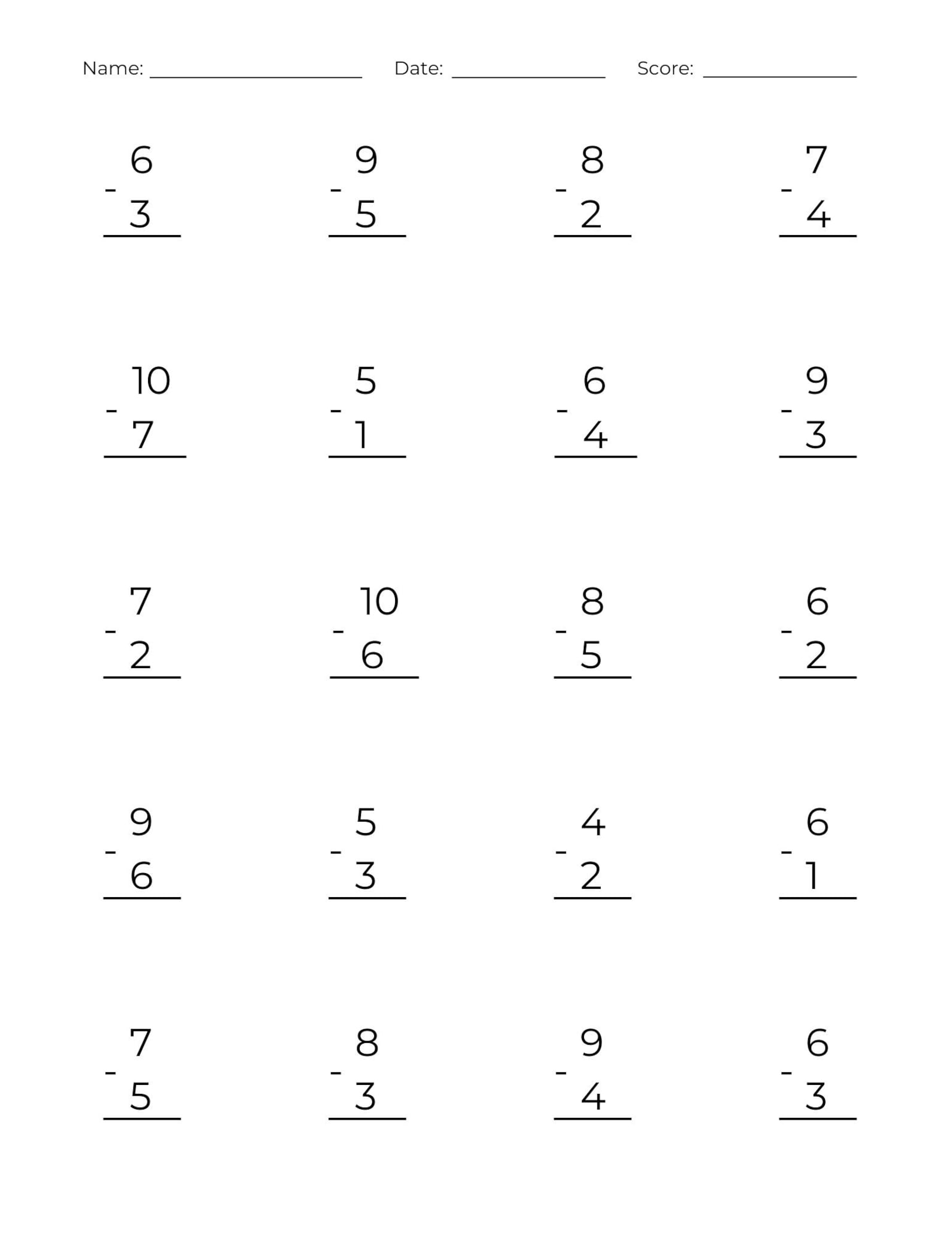 10 Printable Single Digit Subtraction Worksheets: Math Drills to 10 ...