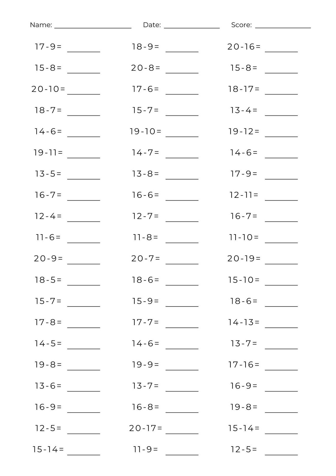 20 Printable Addition & Subtraction Worksheets to 20: Math Practice ...