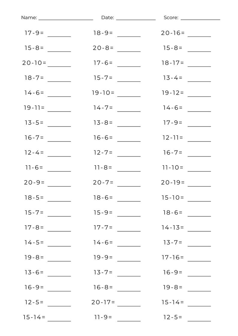 20 Printable Addition & Subtraction Worksheets to 20: Math Practice ...