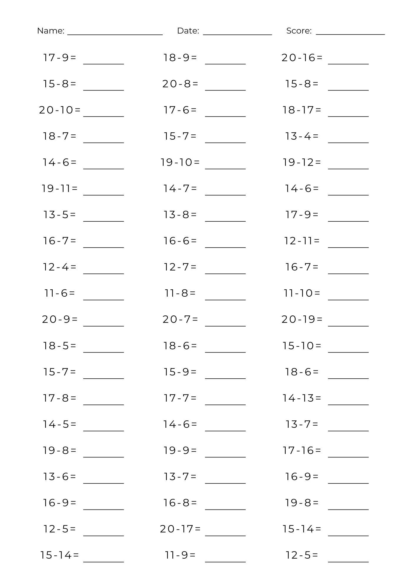 20 Printable Addition & Subtraction Worksheets to 20: Math Practice ...